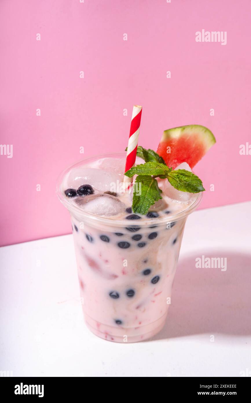 Watermelon boba balls bubble tea cocktail. Refreshing milky non-dairy ...