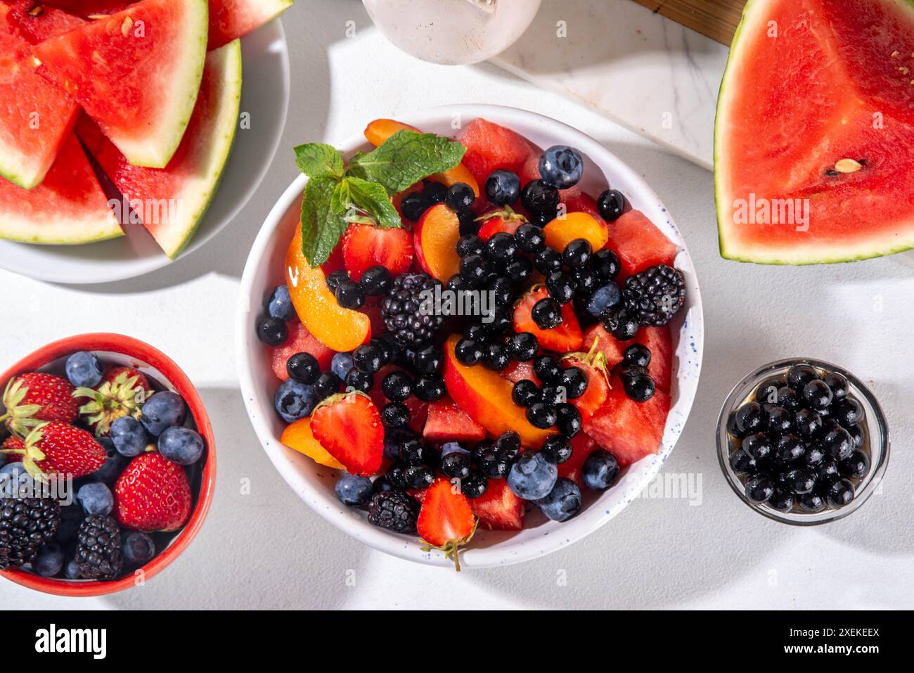 Summer fruit berry salad with tapioca pearls. Healthy diet refreshment ...