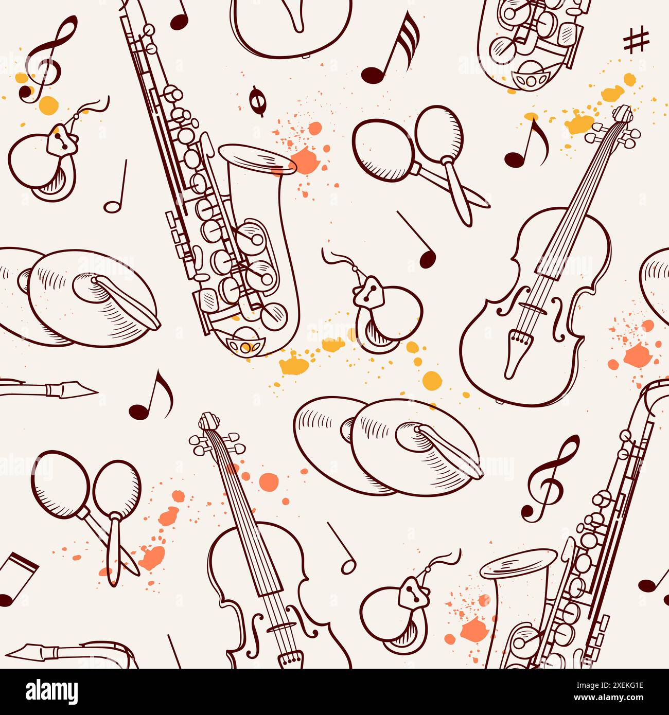 Seamless pattern with saxophone and violin. Hand drawn background with ...