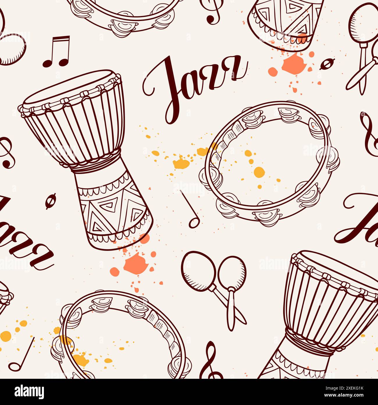 Seamless pattern with drum and tambourine. Hand drawn background with ...