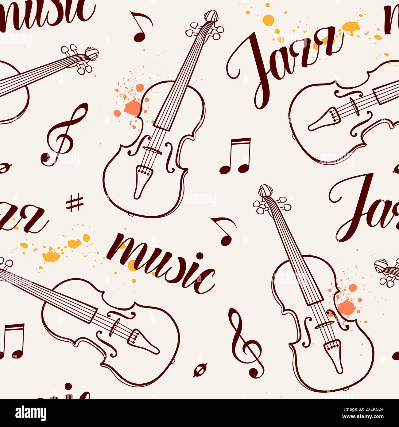 Seamless pattern with music notes and violin. Hand drawn background ...