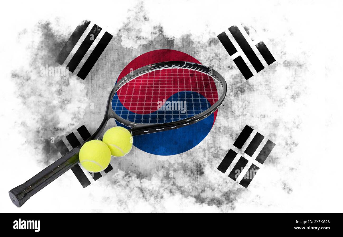White background with South Korea flag and tennis racket with balls ...