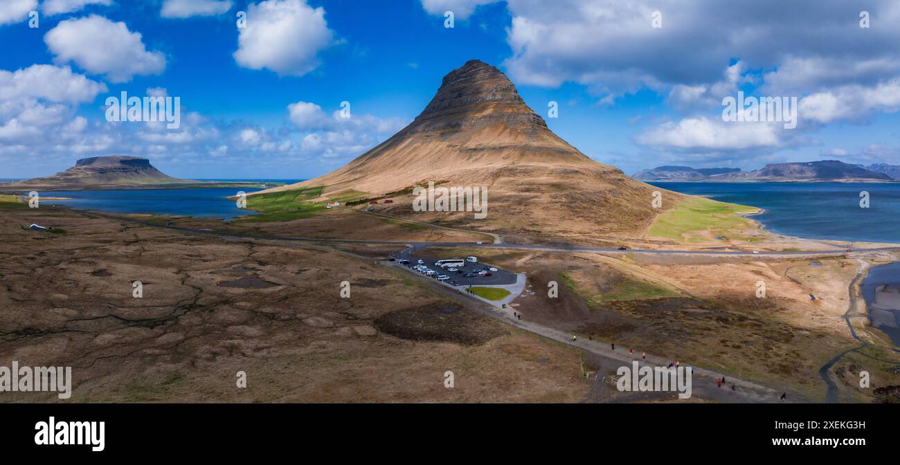 Aerial View of Kirkjufell Mountain with Lake and Road in Iceland Stock ...