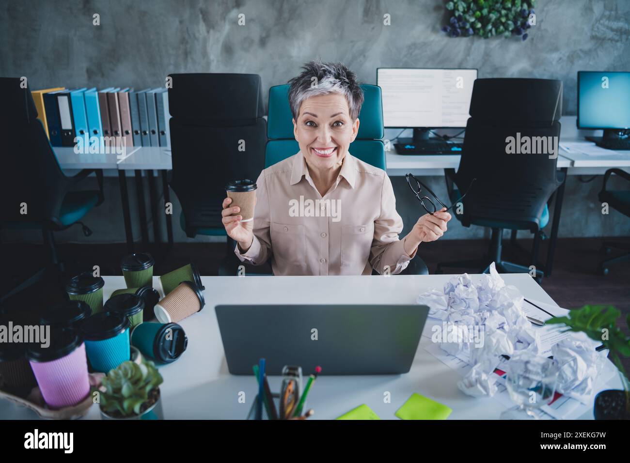Photo of happy charming senior lady secretary wear formal shirt ...