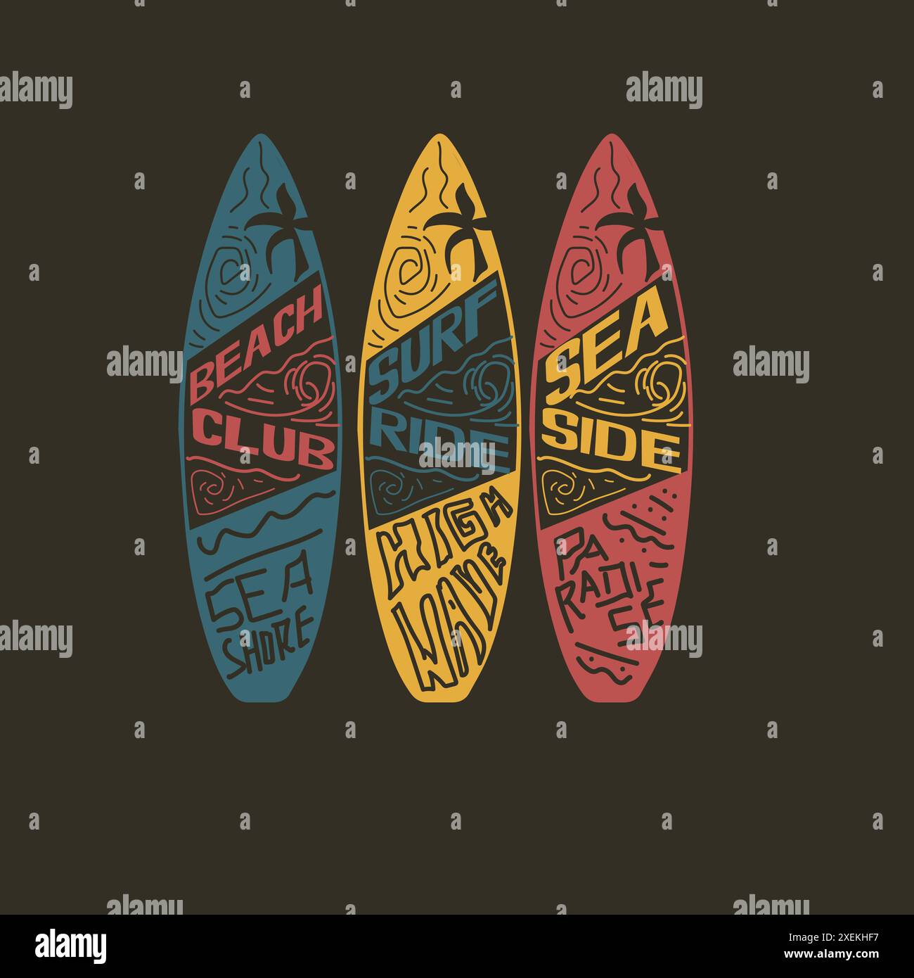 Surf ride beach club seaside surf board typography poster design Stock ...