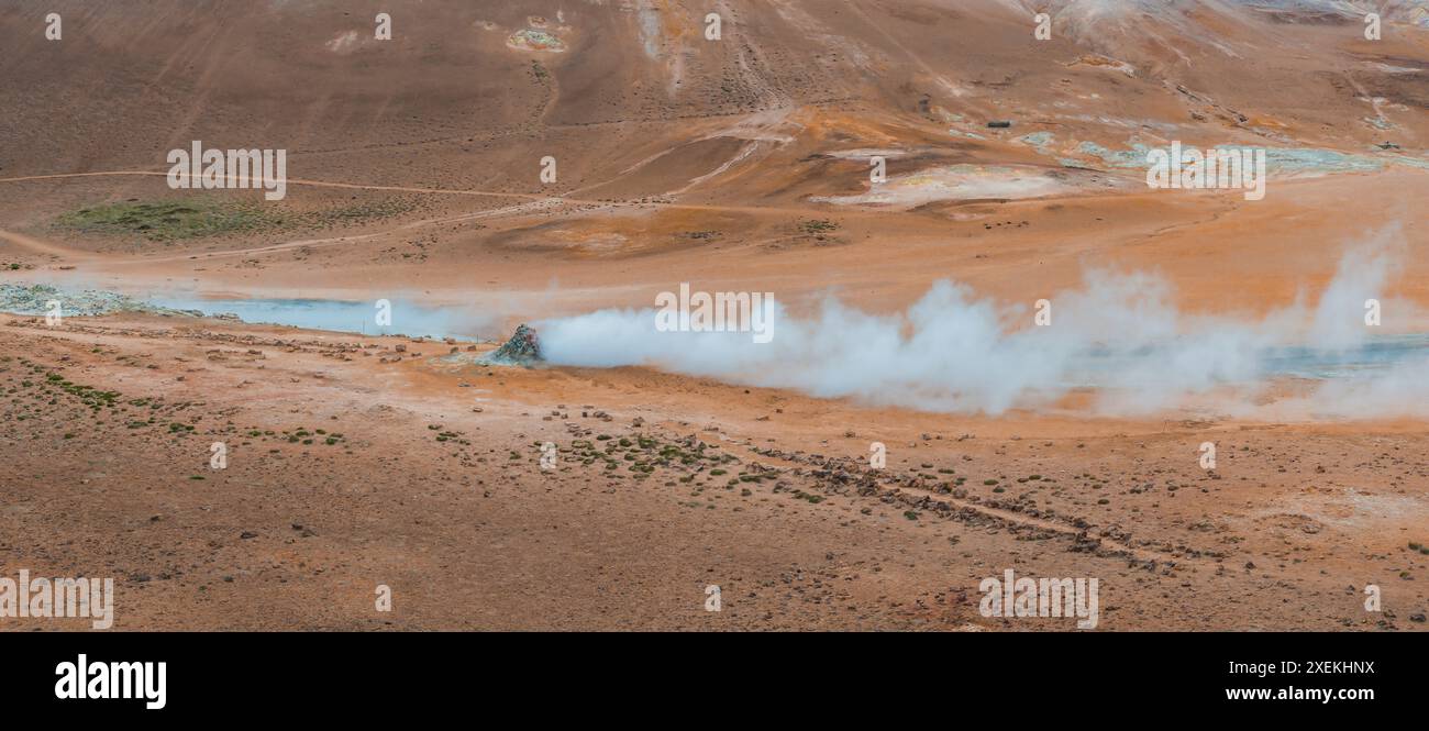 Aerial View of Erupting Geyser in Iceland's Rocky Landscape Stock Photo ...