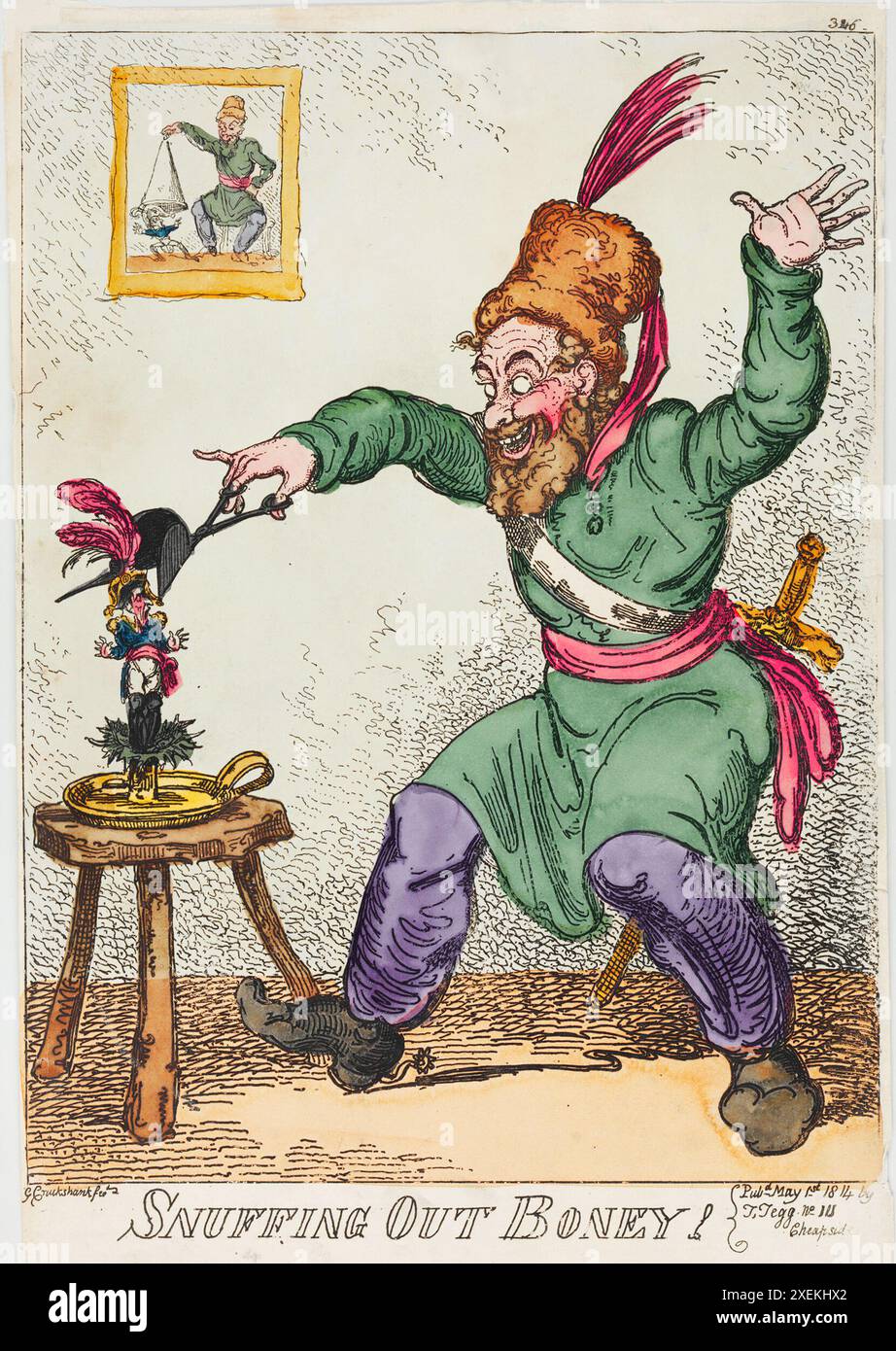 Satirical print Snuffing out Boney A Cossack highly delighted, uses a ...