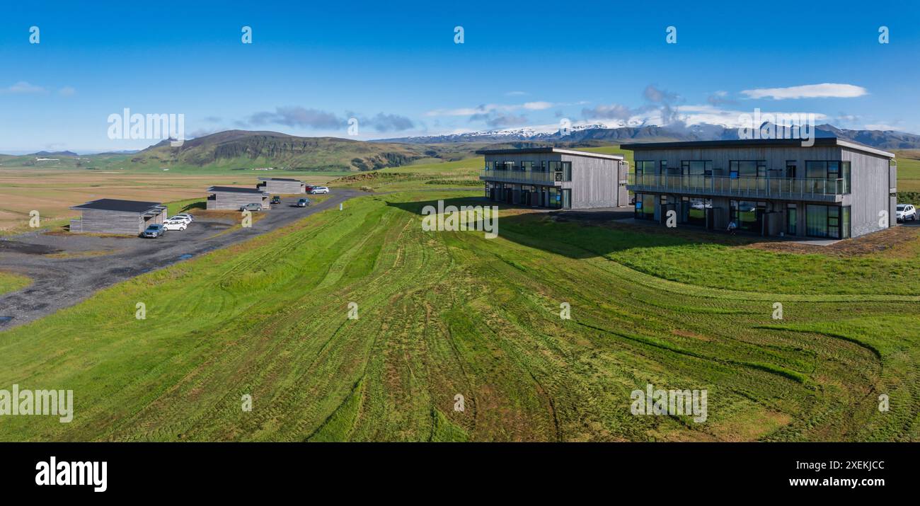 Aerial View of Modern Grey Wood Building Complex in Iceland with Snowy ...