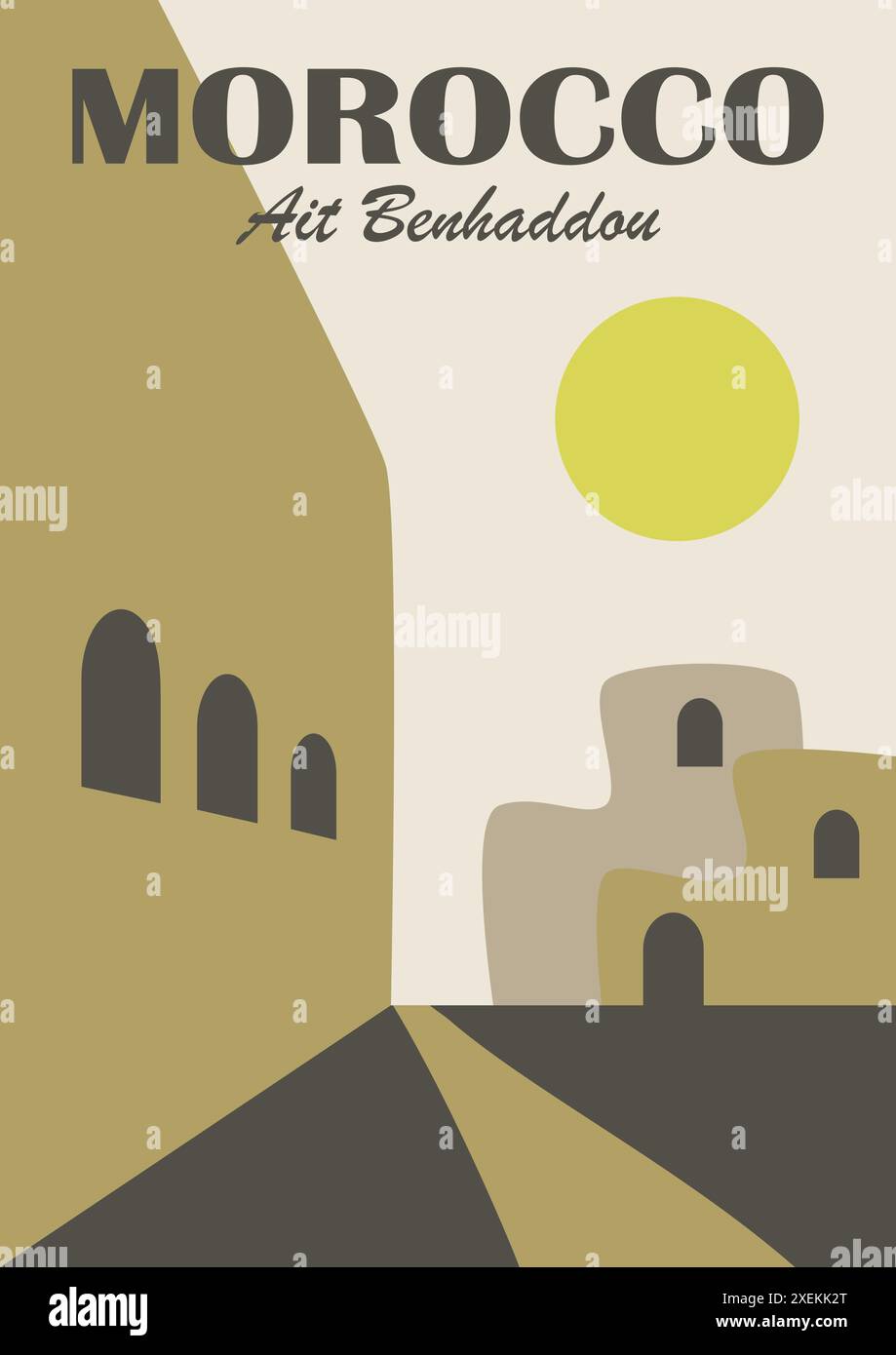 Morocco city poster. Oriental architecture building on ait benhaddou ...