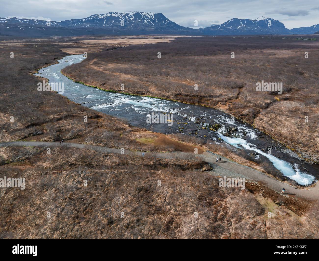 Aerial View of Meandering River and Waterfall in Barren Icelandic ...