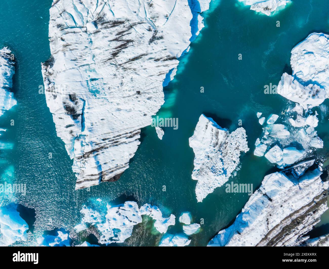 Aerial view of the big pieces of ice from glacier, ice islands, glacier ...