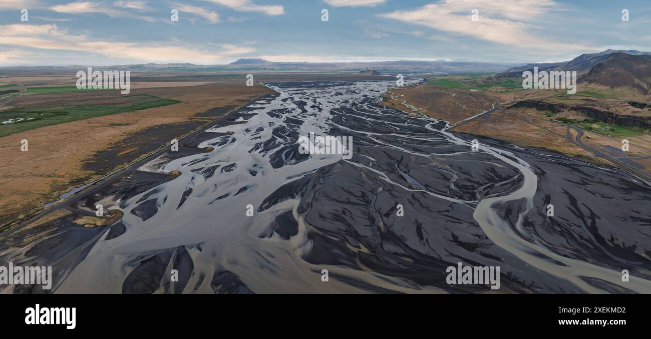 Aerial View of Winding River in Barren Icelandic Landscape Stock Photo ...