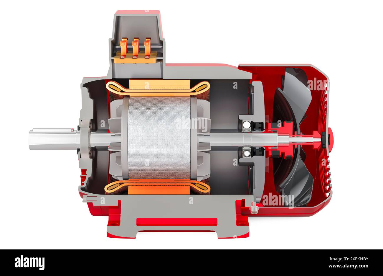 Cross section of electric motor, side view. 3D rendering isolated on ...
