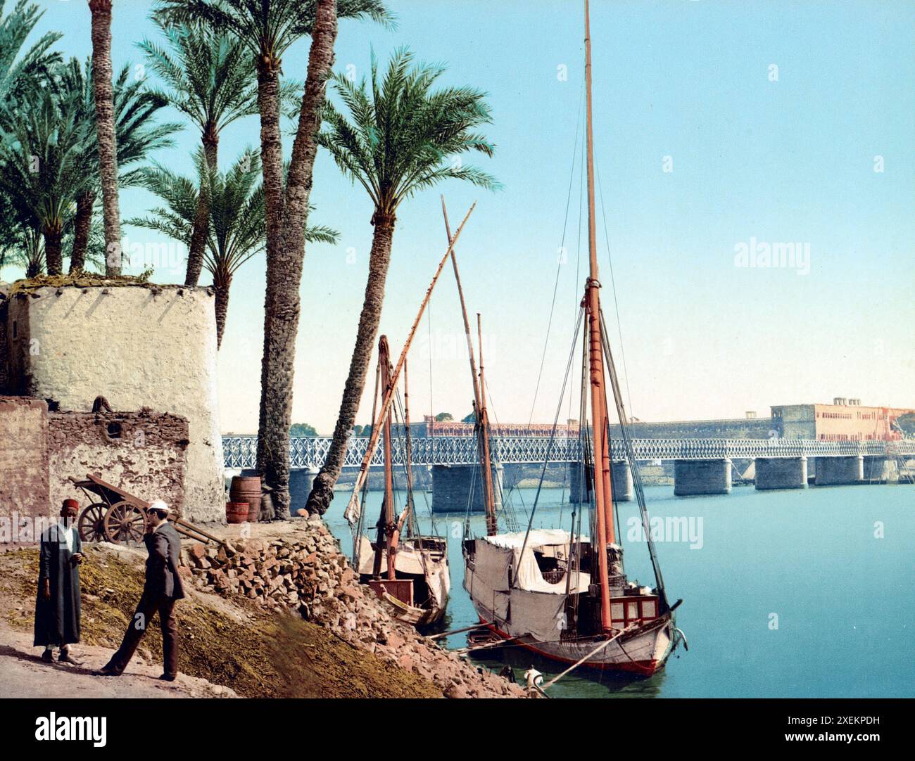 Die Nilbrücke und die englischen Kasernen, Kairo, Ägypten, 1890 ...
