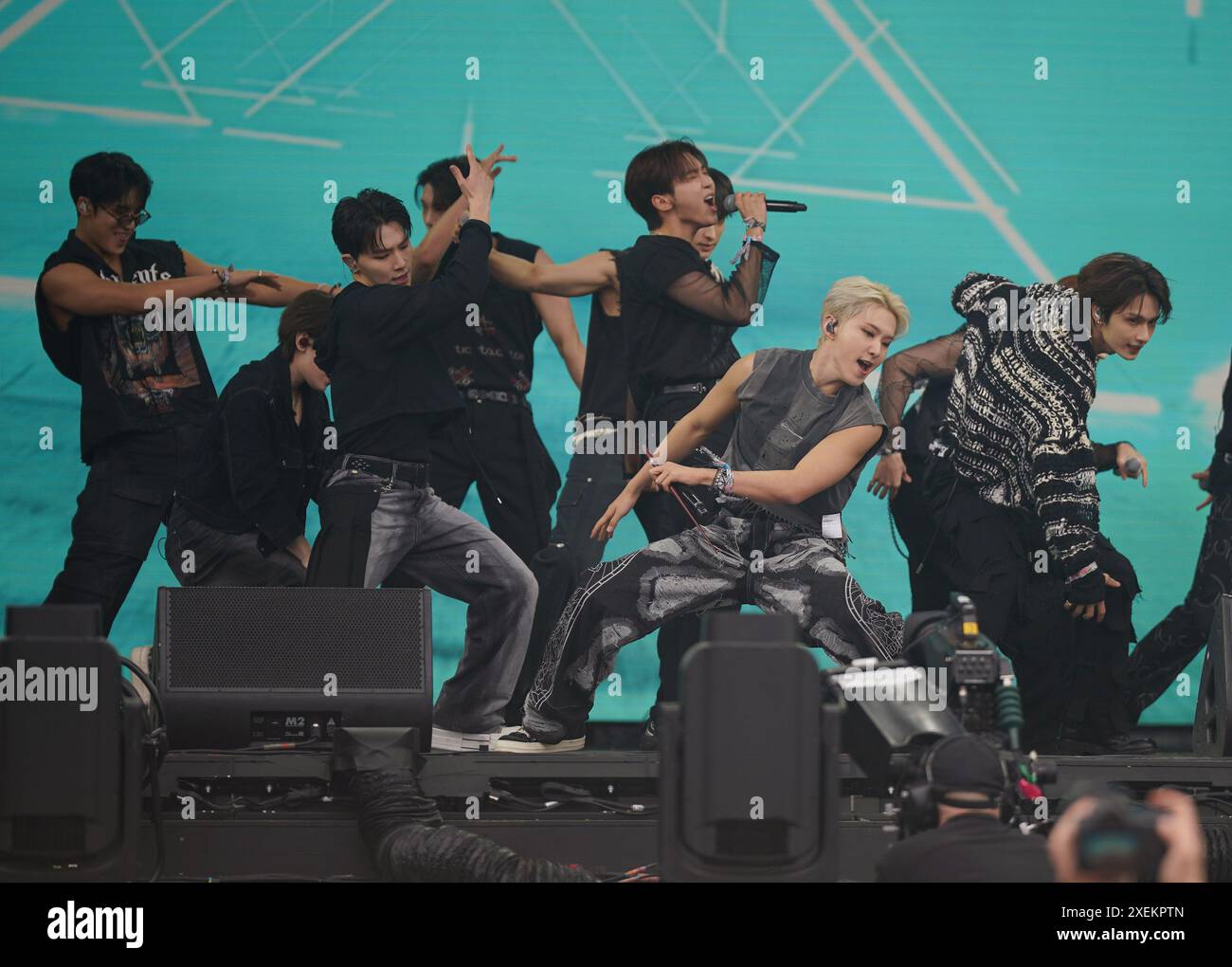 South Korean K-pop band Seventeen performing on the Pyramid Stage, at ...
