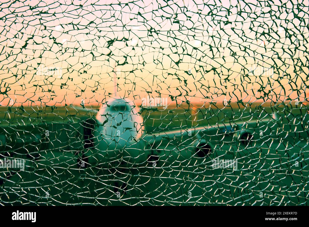 White plane in the airport behind the broken triplex glass with many ...
