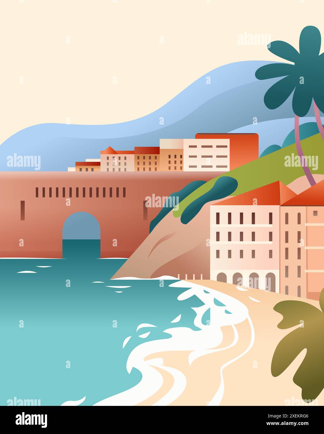 Coastal town with beach waves buildings bridge palm trees and hills in ...