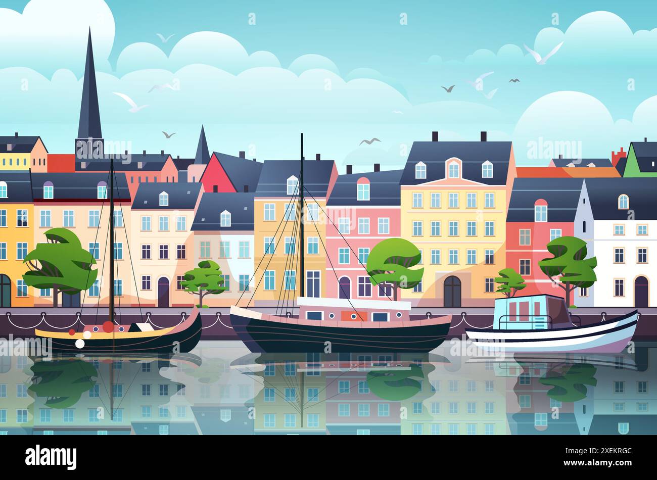 Colorful harbor scene with boats docked along a waterfront in front of ...