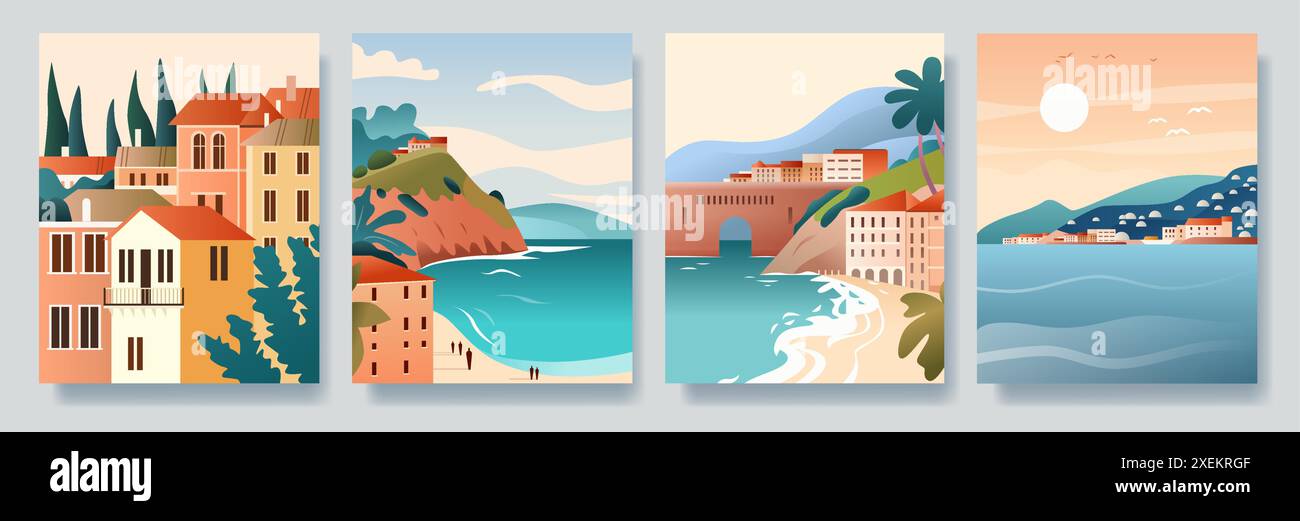 Mediterranean coastal townscape with colorful houses beach sea hills ...
