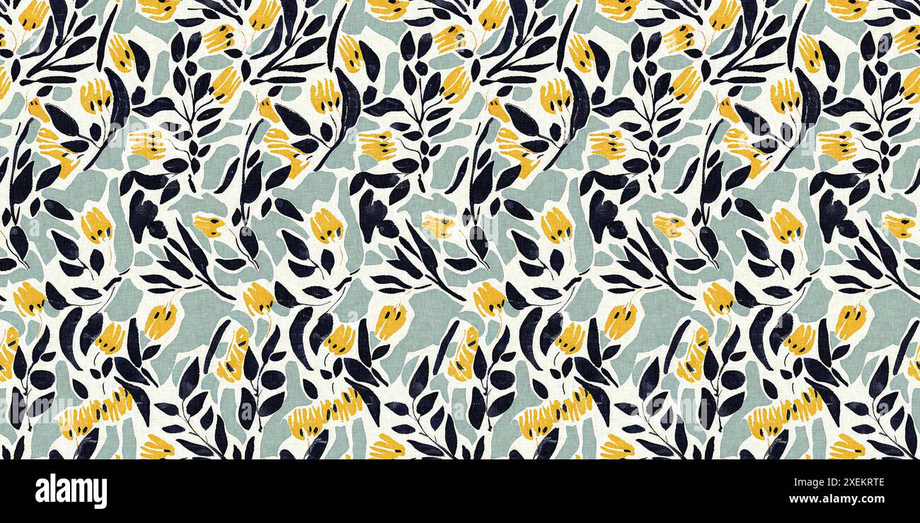 Modern printed fabric flower block print pattern with linen texture ...
