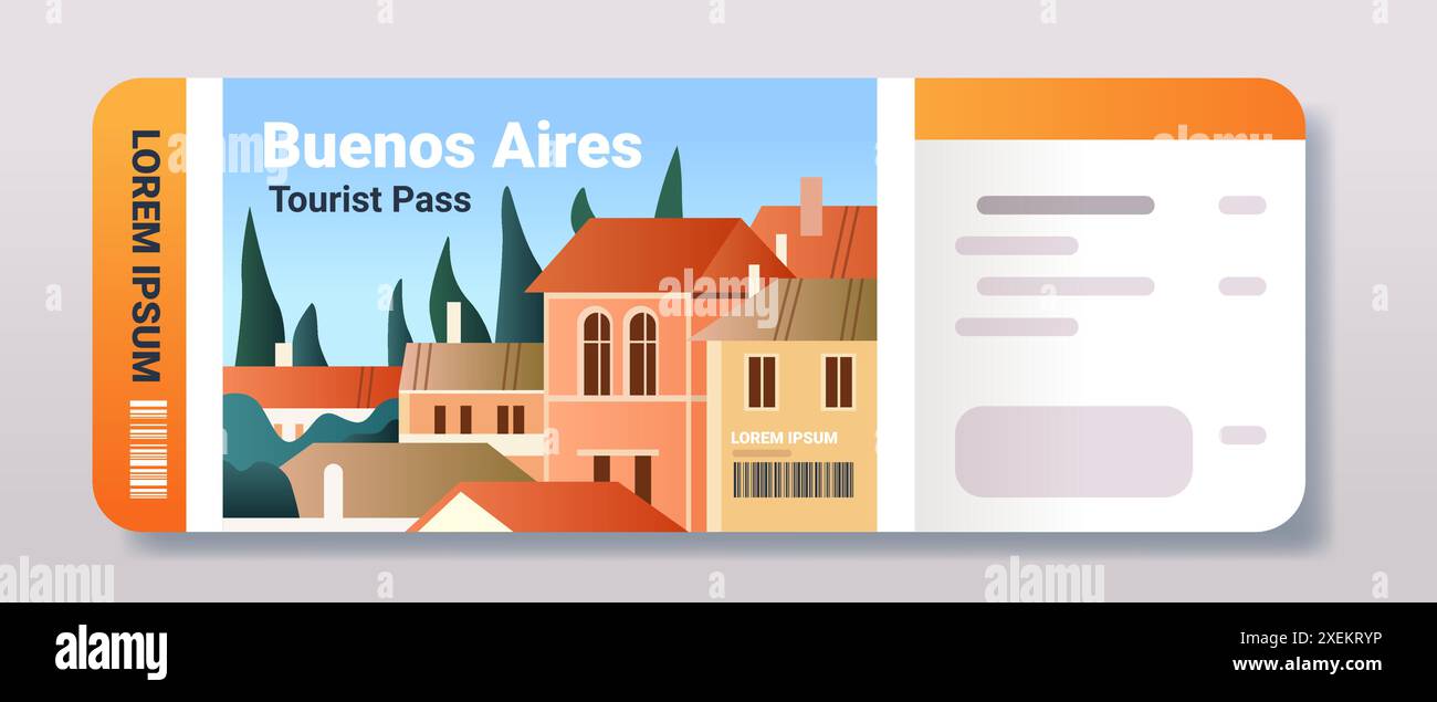 Tourist pass ticket with colorful cityscape buildings trees and barcode ...