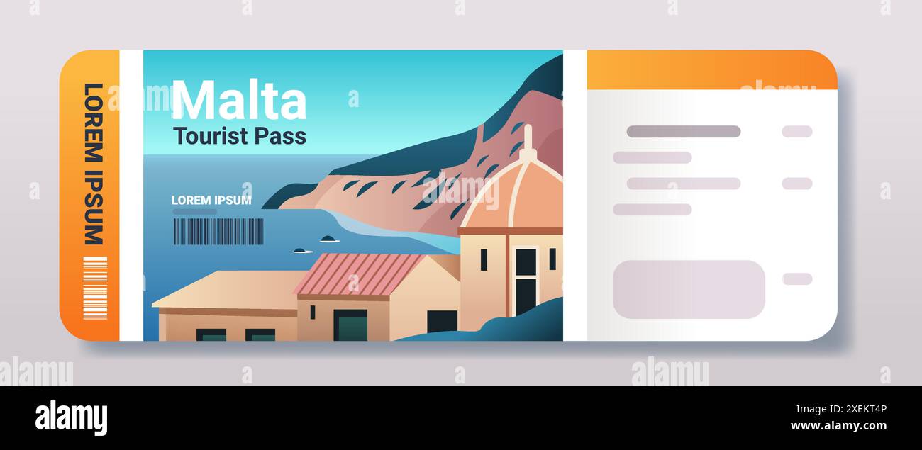 Tourist pass ticket illustration with coastal landscape buildings and ...