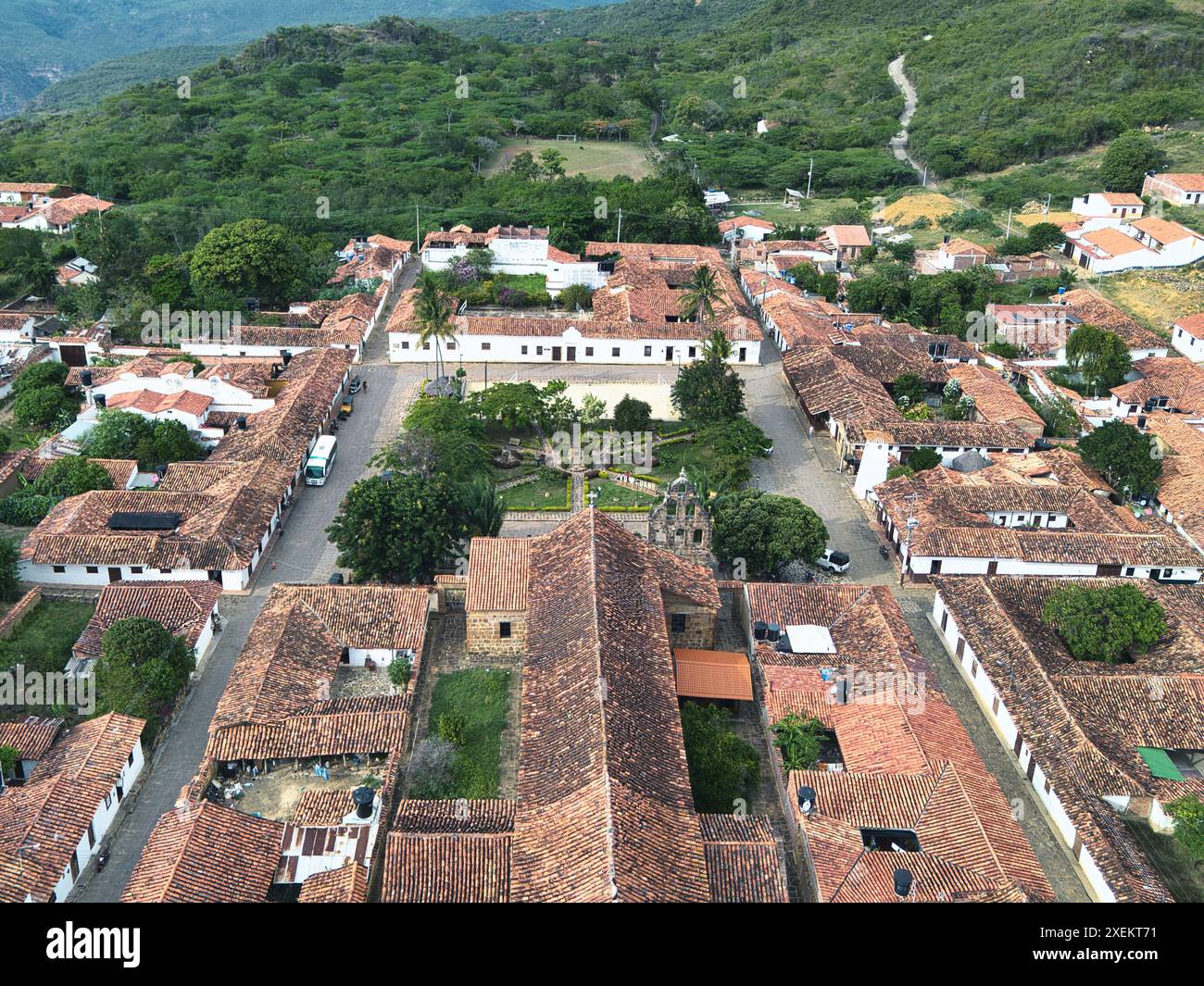 Aerial view of the central square of Guane, Colombia, surrounded by ...