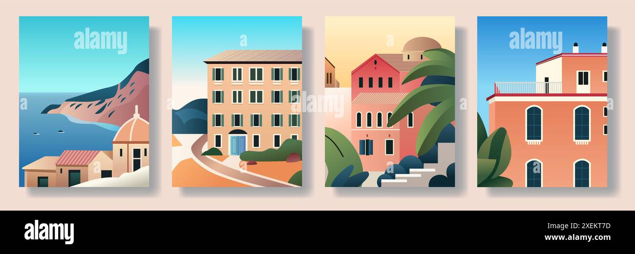 Mediterranean coastal townscape with colorful buildings sea view palm ...