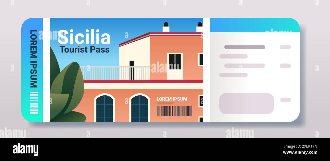 Tourist pass ticket design featuring a Mediterranean-style house with ...