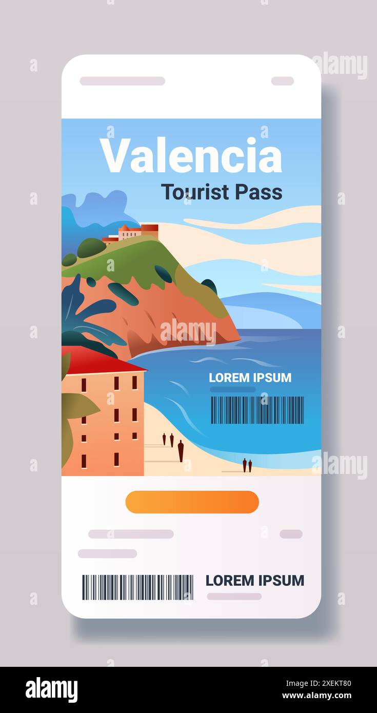 Tourist pass design with coastal landscape featuring buildings beach ...