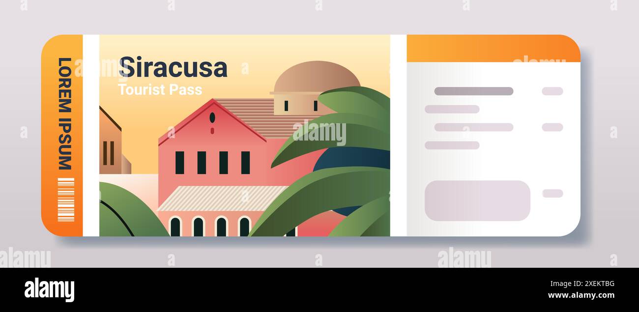 Tourist pass ticket with colorful buildings palm leaves and dome ...