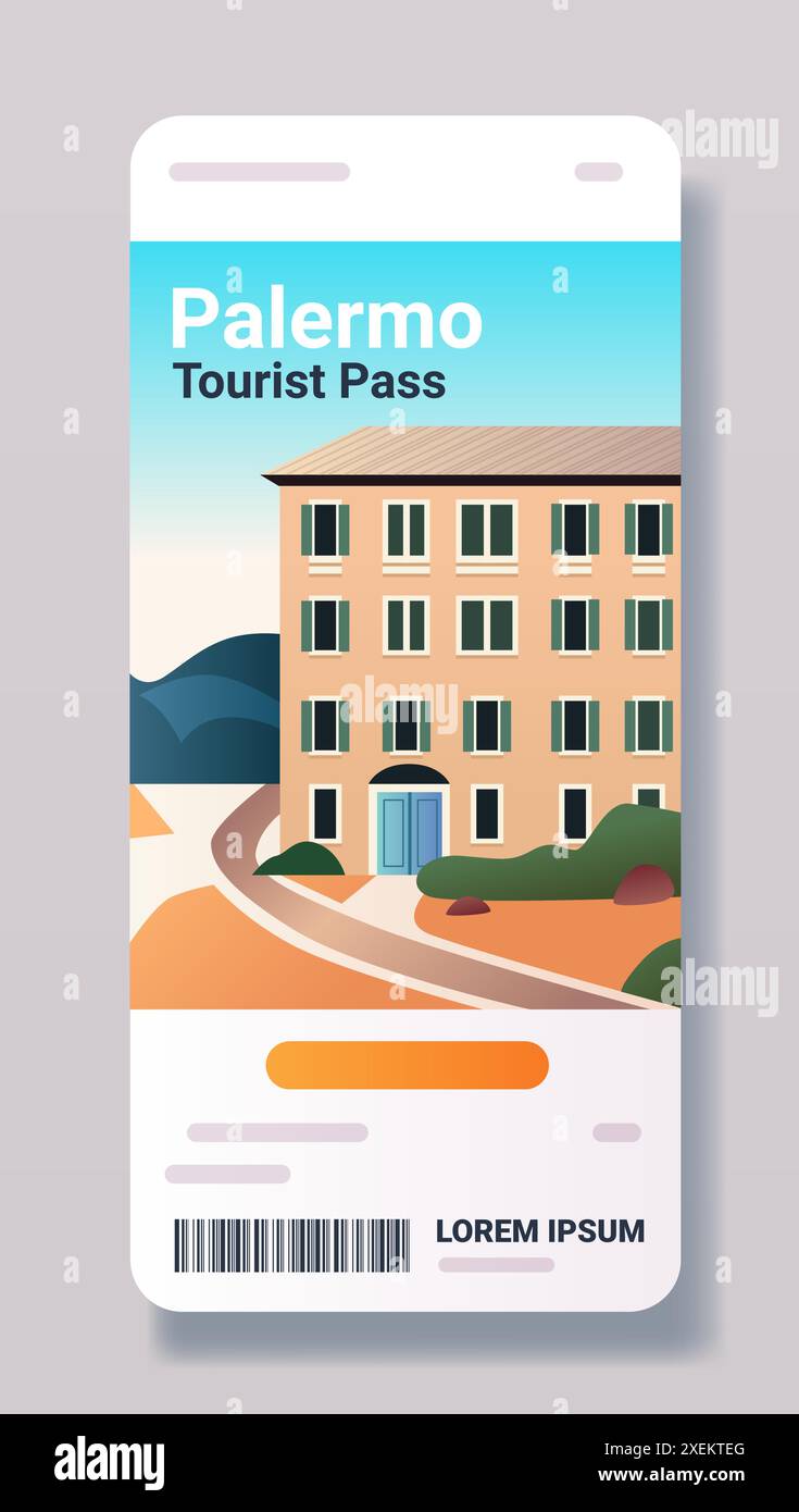 Tourist pass design with a building and scenic background on a ...