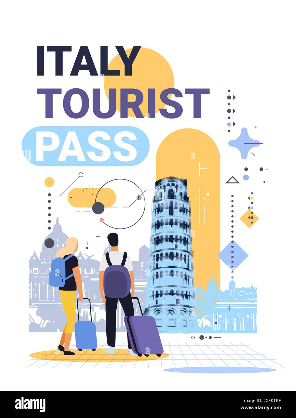 Travelers with luggage sightseeing iconic Italy landmarks Pisa Tower ...