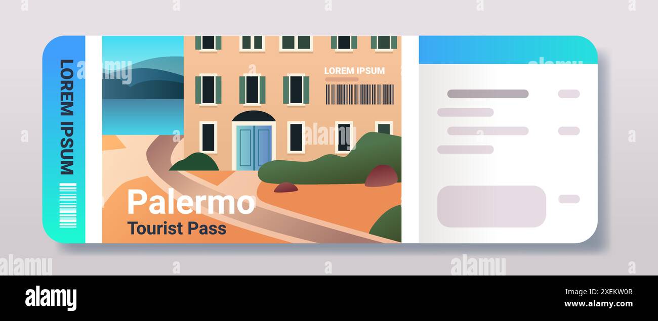 Travel ticket design with a scenic coastal building mountains and path ...