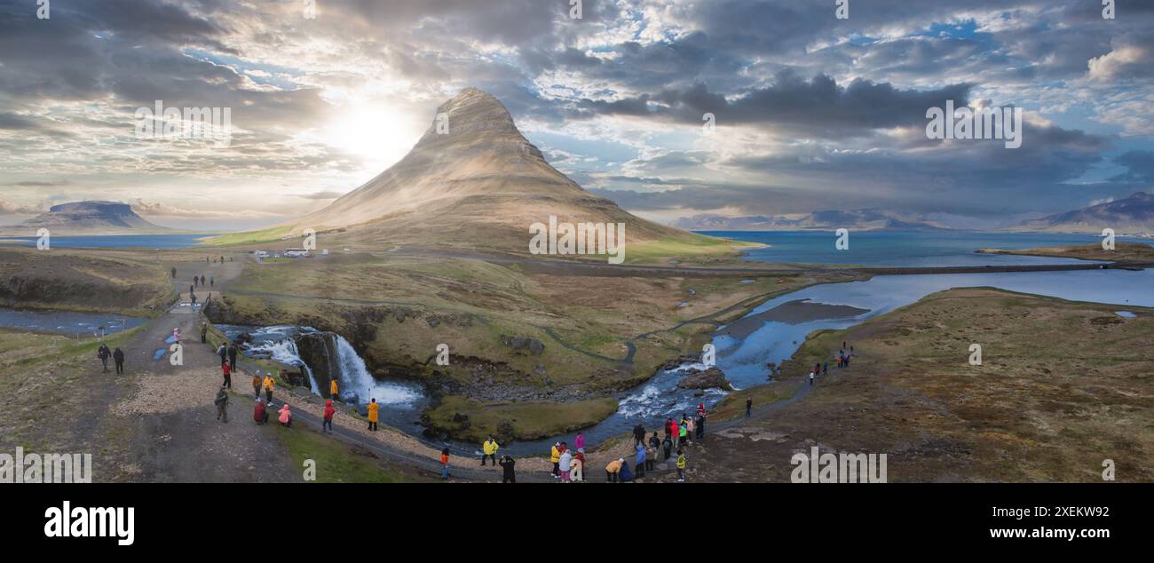Aerial View of Kirkjufell Mountain and Waterfall in Icelandic Landscape ...