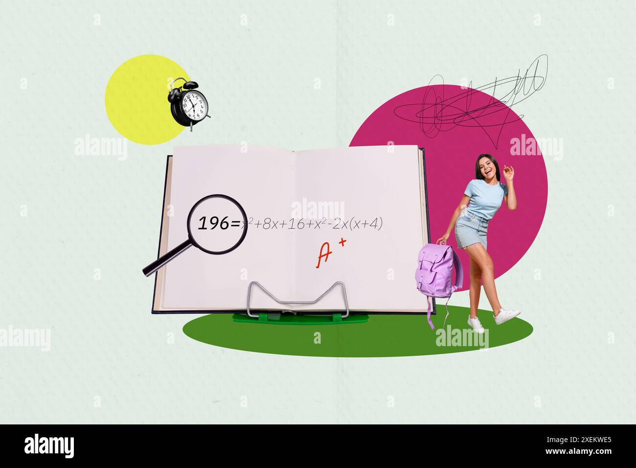 Composite photo collage of happy teenage girl open notepad math formula ...