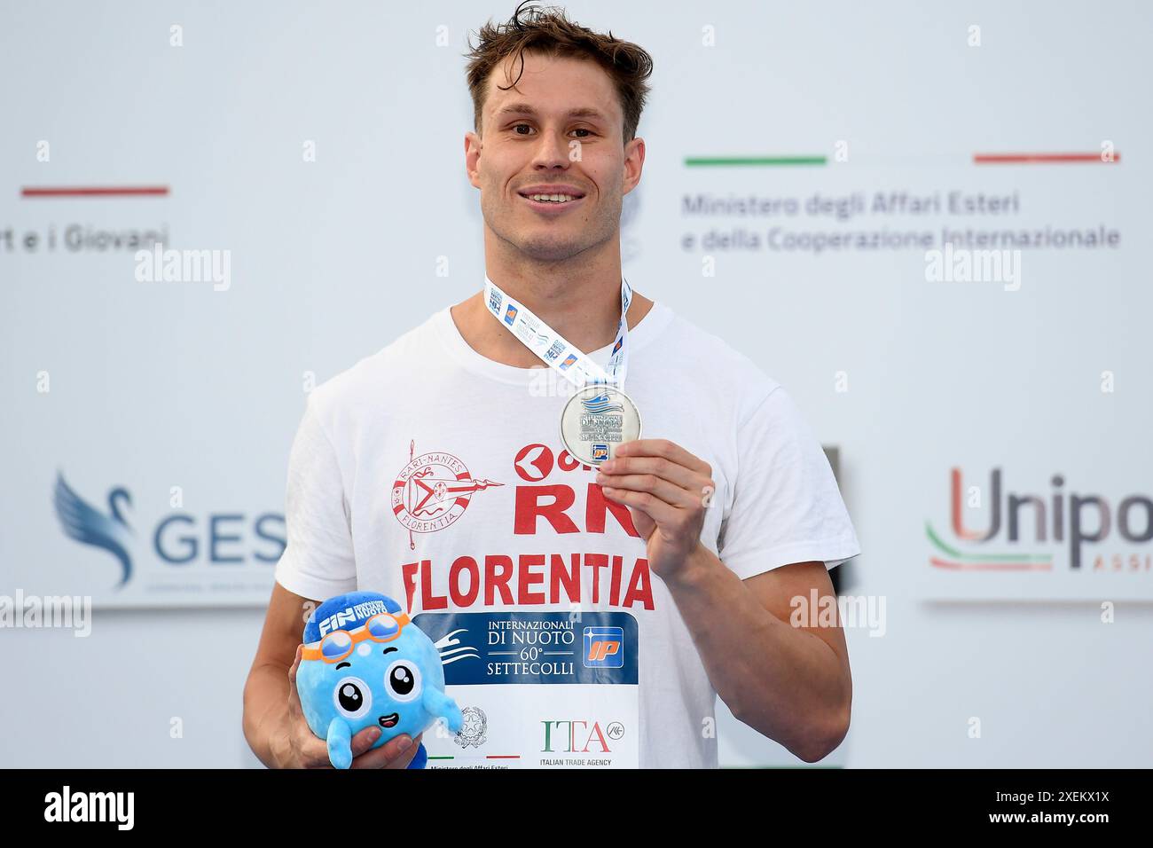 Edoardo Valsecchi of Italy, silver, attends the medal ceremony of the ...