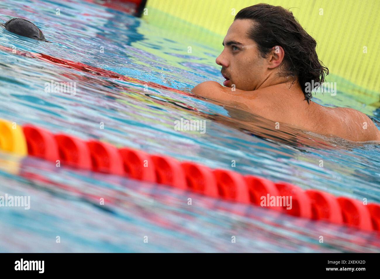 Thomas Ceccon of Italy reacts after competing in the 100m Backstroke ...