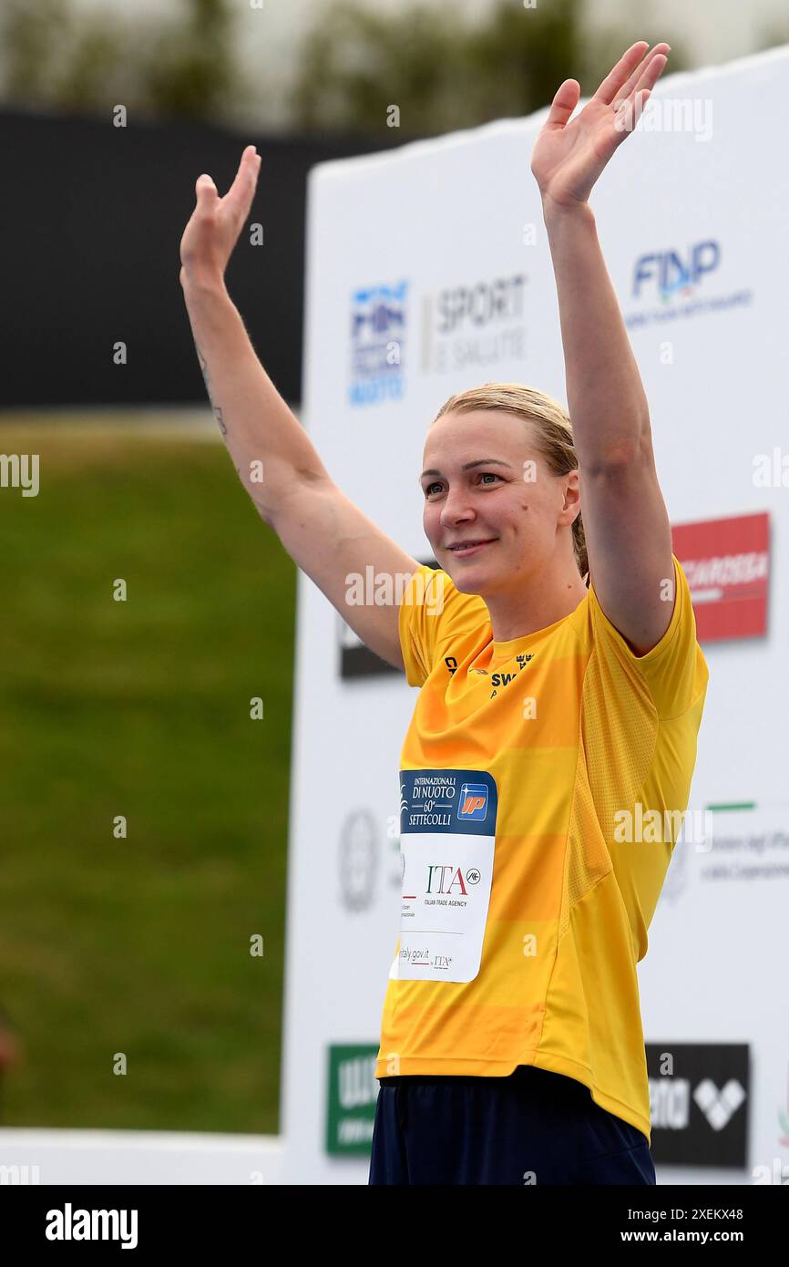 Sarah Sjostrom of Sweden, gold, attends the medal ceremony of the 50m ...