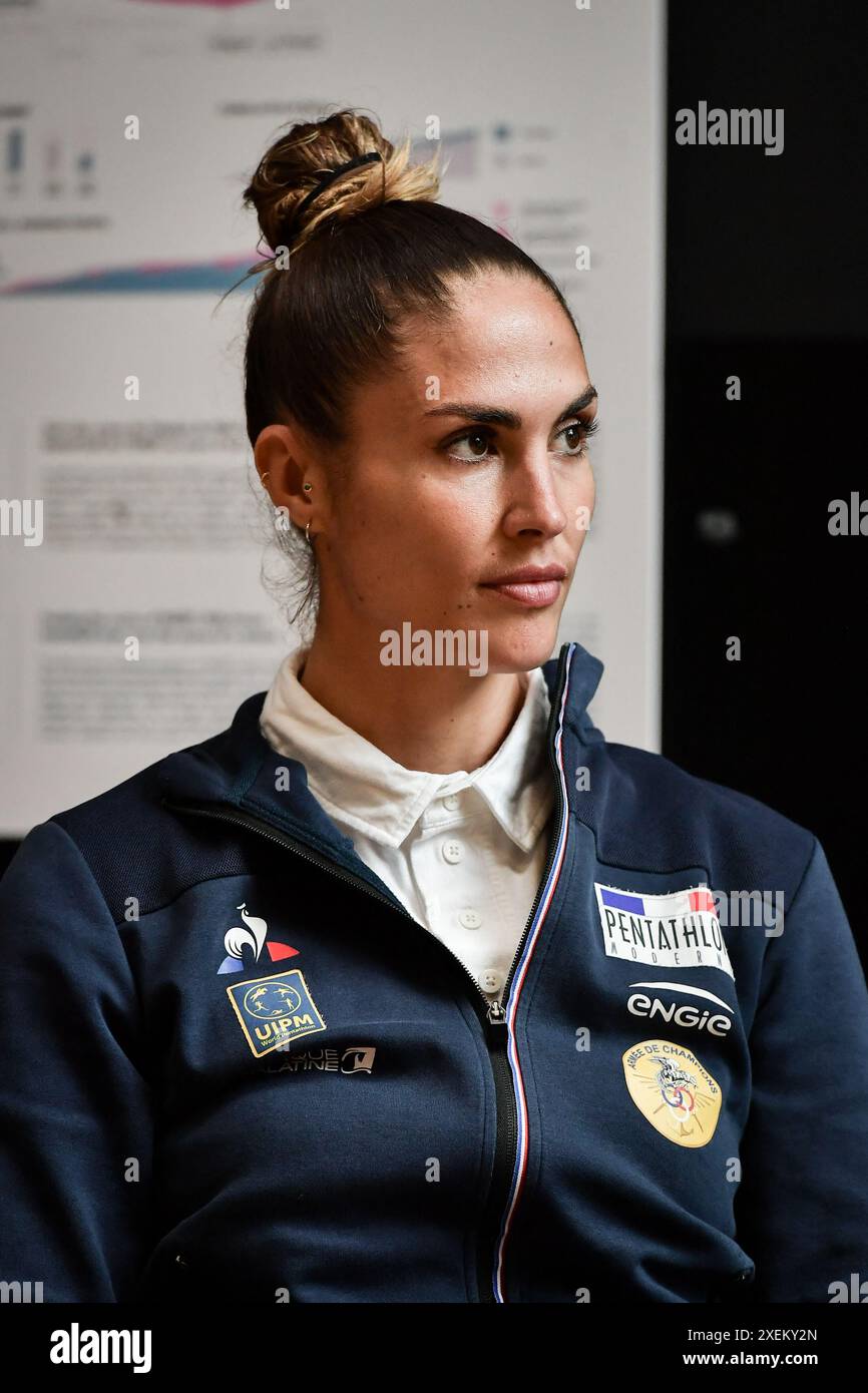 Paris, France. 28th June, 2024. French athlete Elodie Clouvel looks on ...