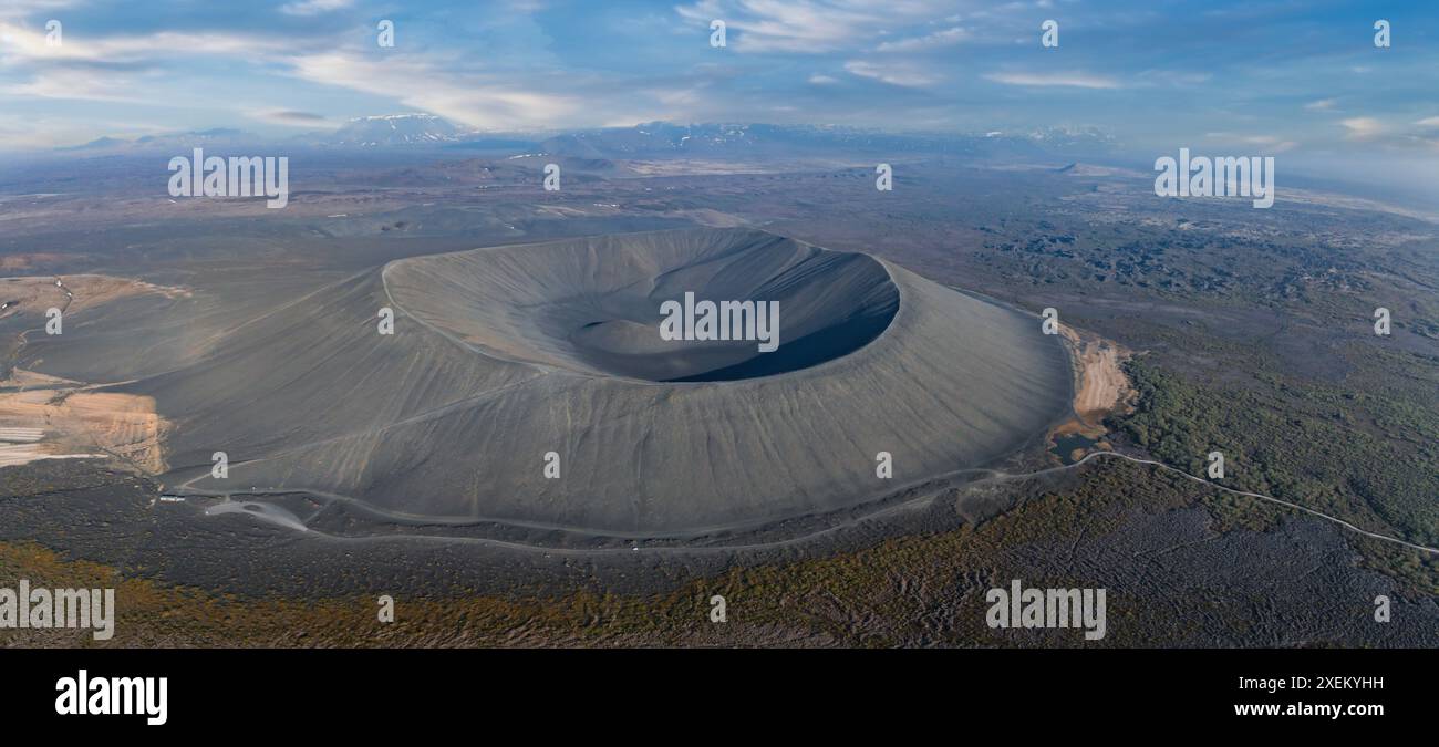 Aerial view of Large Hverfjall volcano crater is Tephra cone or Tuff ...