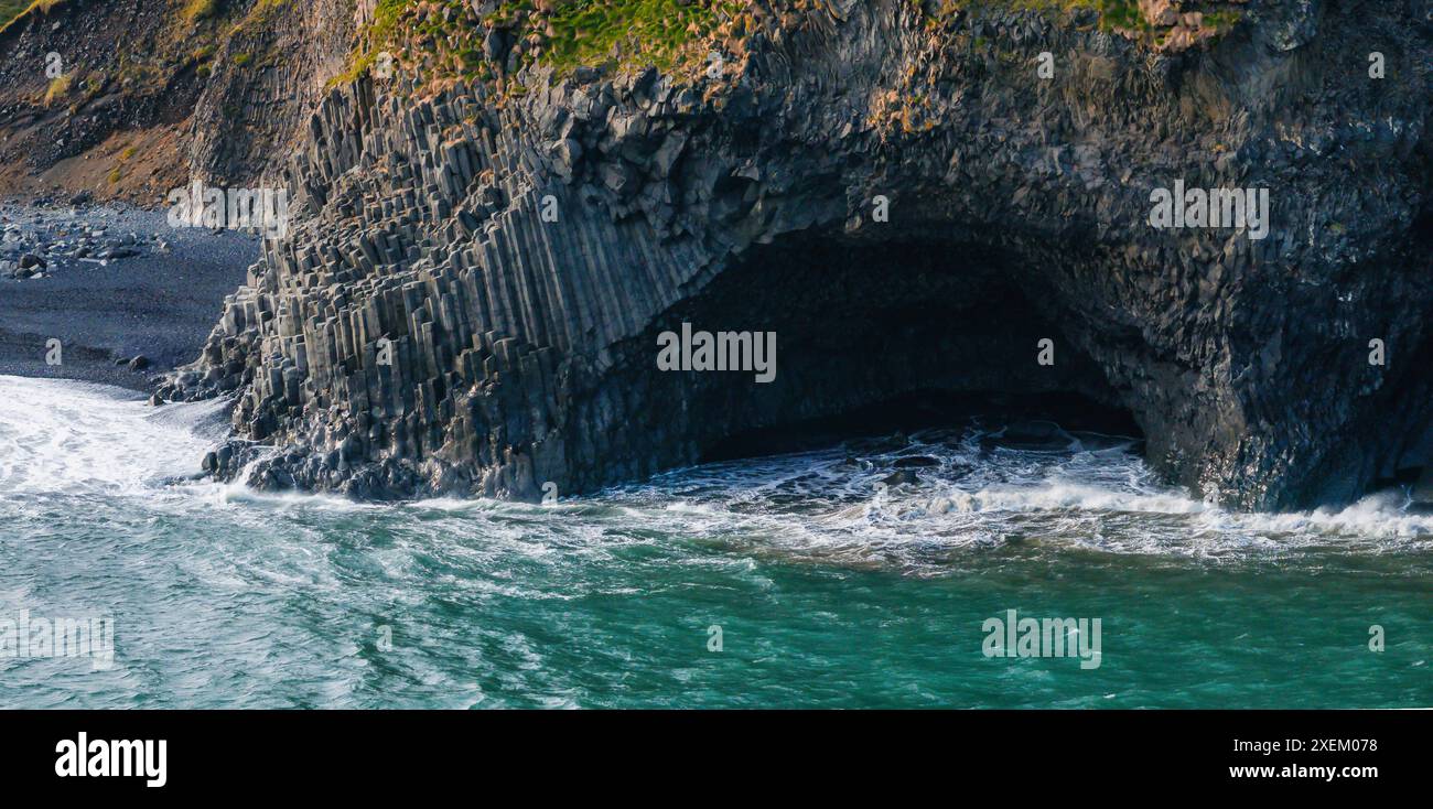 Aerial View of Hexagonal Volcanic Rock Formation on Icelandic Coastline ...