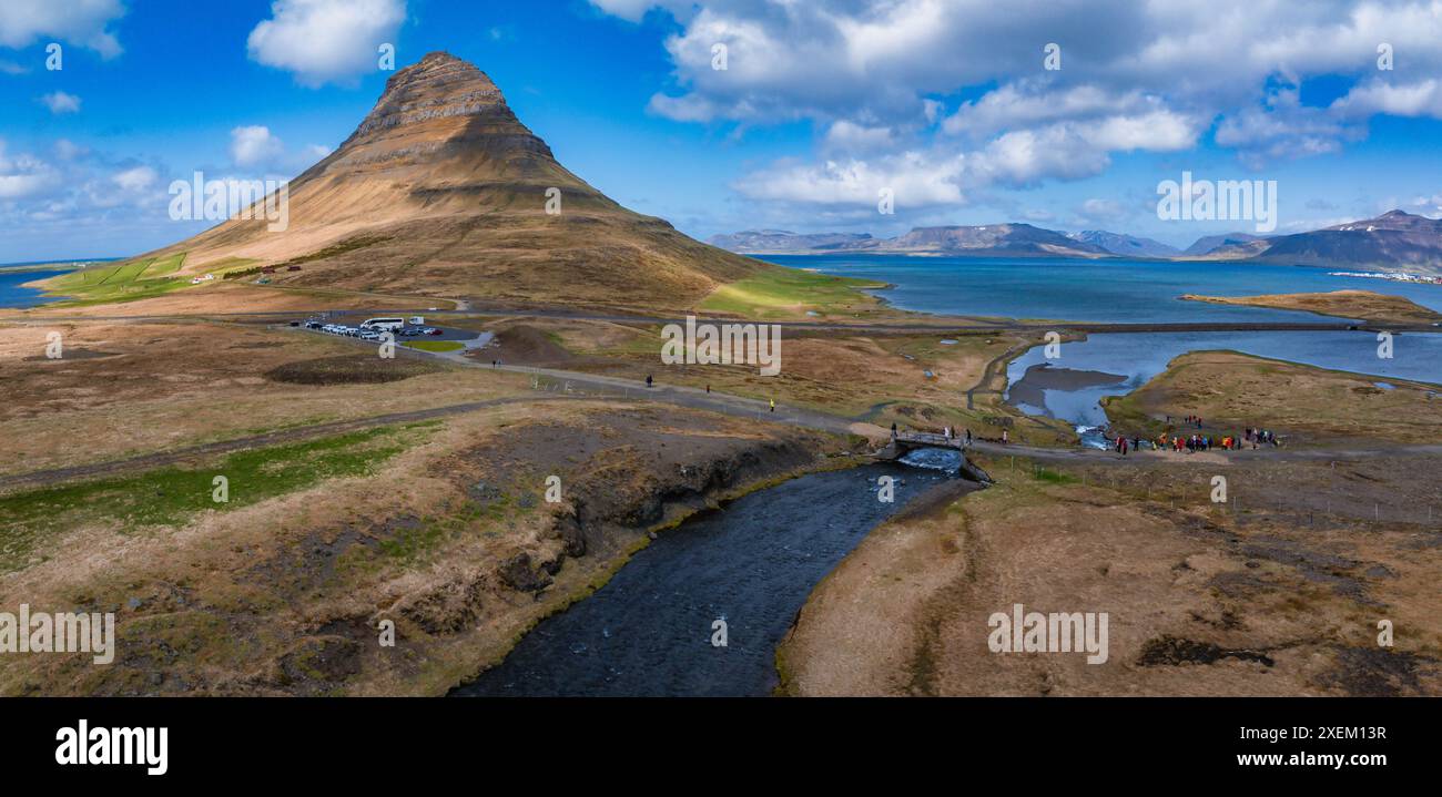 Aerial View of Kirkjufell Mountain with River and Water Body in Iceland ...