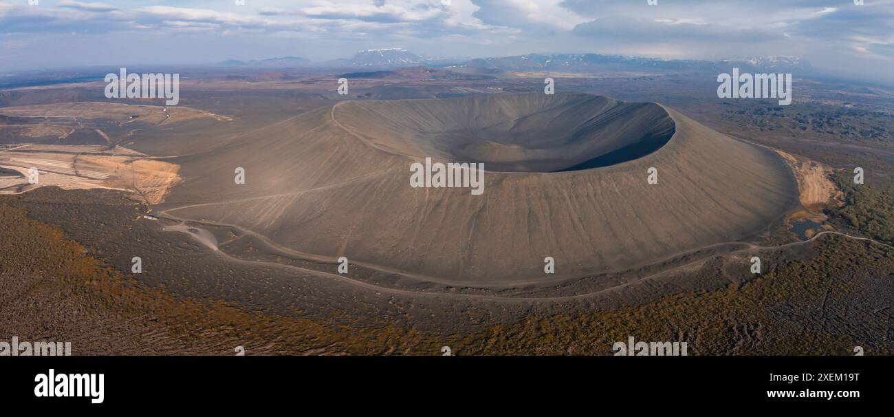 Aerial view of Large Hverfjall volcano crater is Tephra cone or Tuff ...
