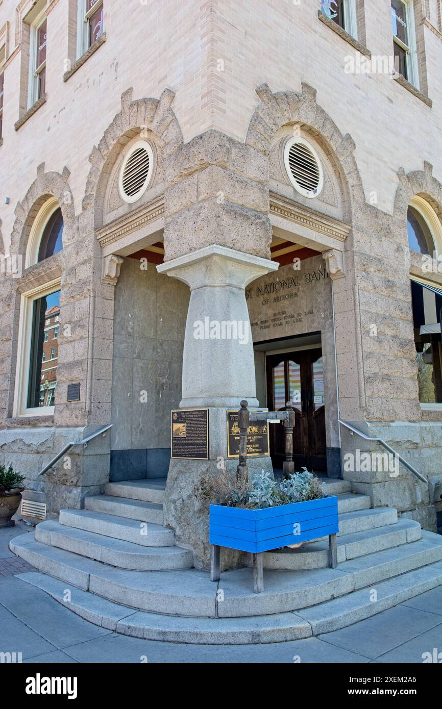 Corner entrance to yellow brick Bank of Arizona building built in 1877 ...
