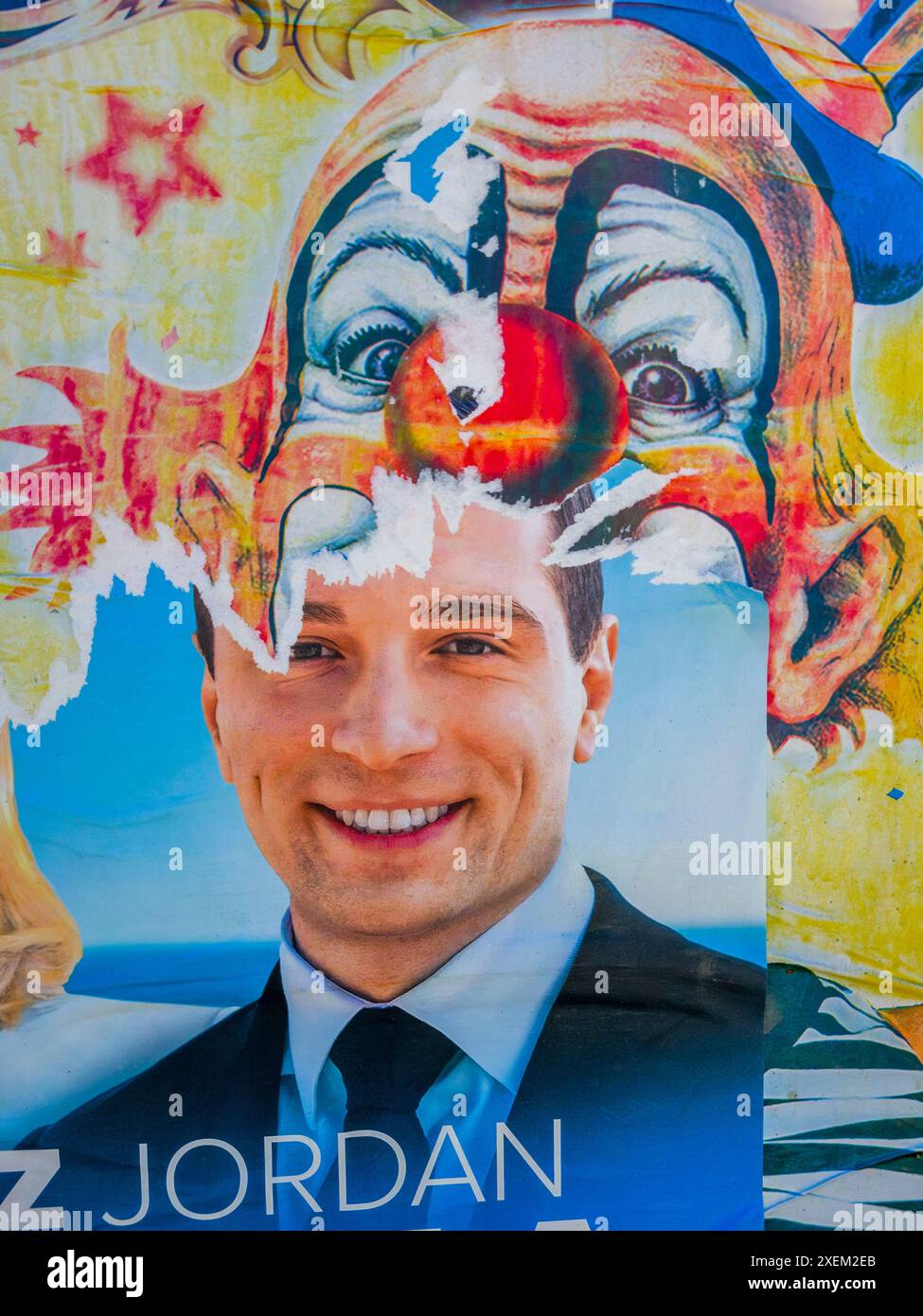 France. 22nd June, 2024. Torn election posters of Jordan Bardella mix ...