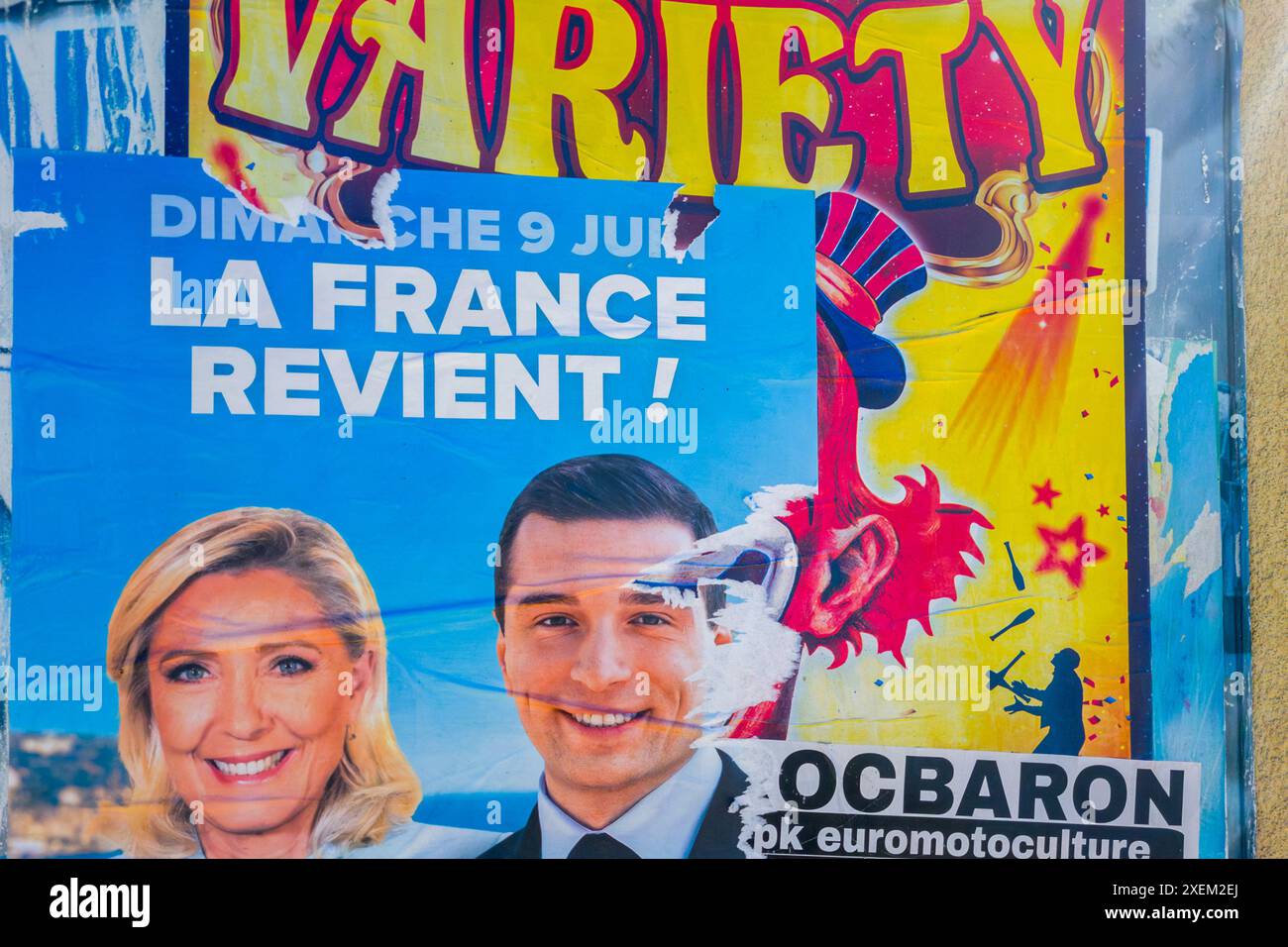 France. 22nd June, 2024. Torn election posters of Jordan Bardella mix ...