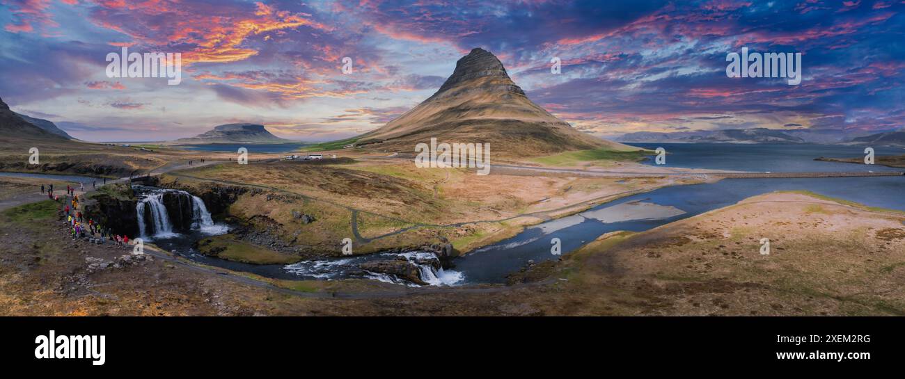 Aerial View of Kirkjufell Mountain with Waterfall and Vibrant Sky in ...