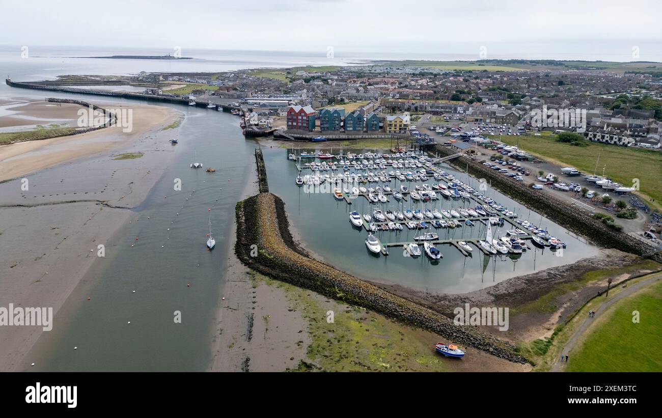 Aerial view of river Coquet estuary, Amble Marina, Northumberland ...