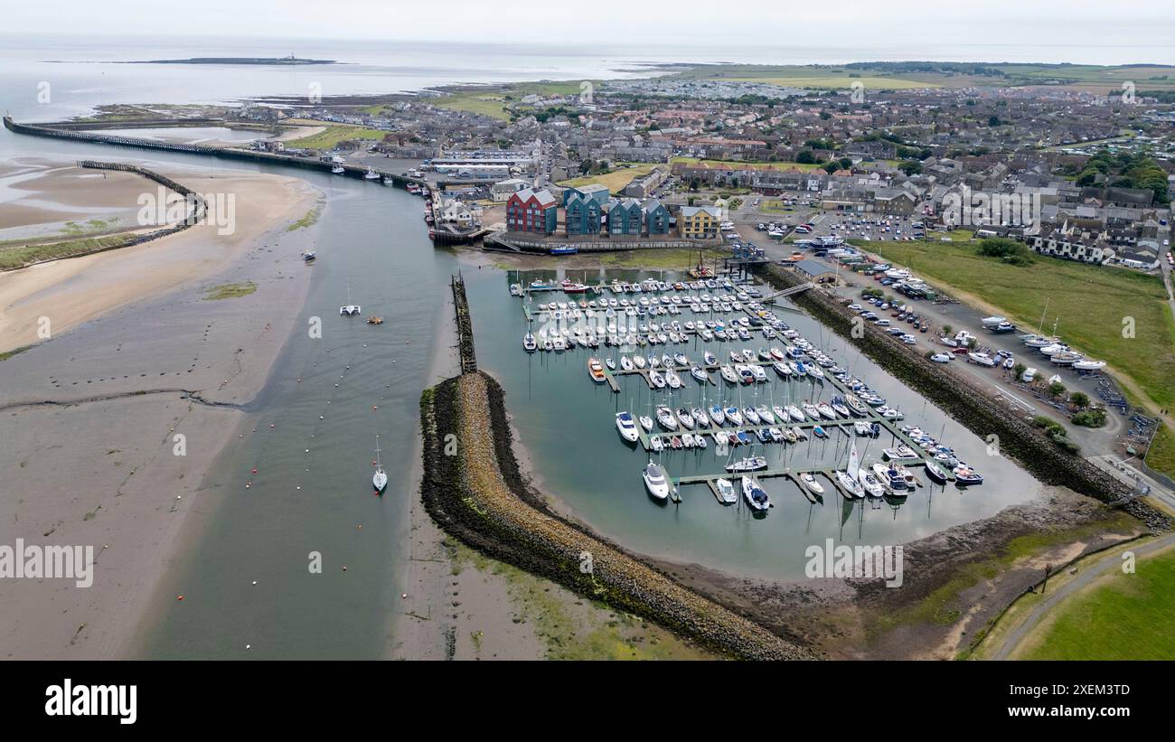 Aerial view of river Coquet estuary, Amble Marina, Northumberland ...